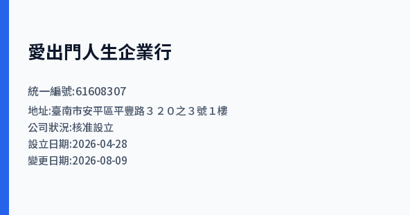 愛出門人生企業行的照片-統編 61608307 公司登記資料與營業項目詳細圖表