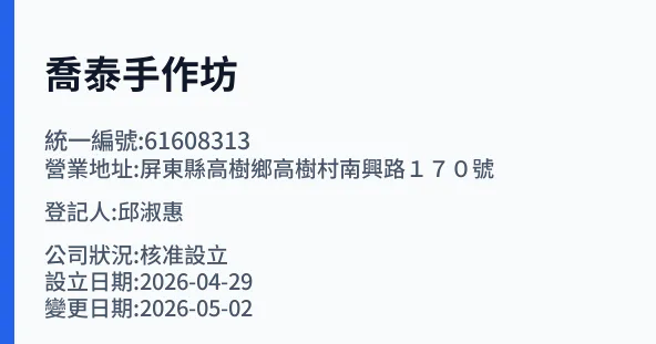 喬泰手作坊的照片-統編 61608313(屏東縣) 公司登記資料與營業項目詳細圖表