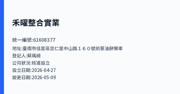 禾曜整合實業的照片-統編 61608377(臺南市) 公司登記資料與營業項目詳細圖表