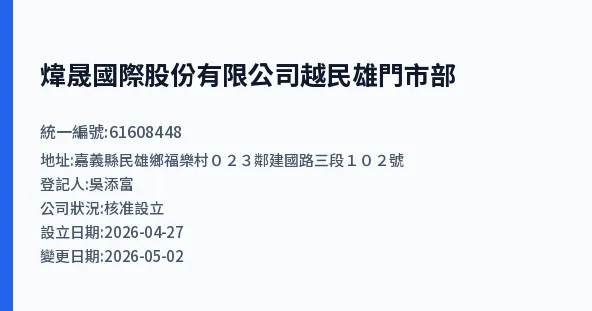 煒晟國際股份有限公司越民雄門市部的照片-統編 61608448(嘉義縣) 公司登記資料與營業項目詳細圖表