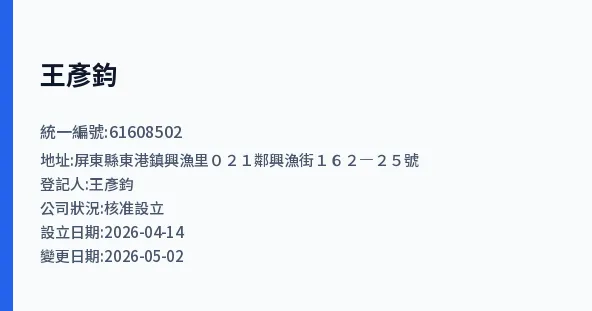 王彥鈞的照片-統編 61608502(屏東縣) 公司登記資料與營業項目詳細圖表