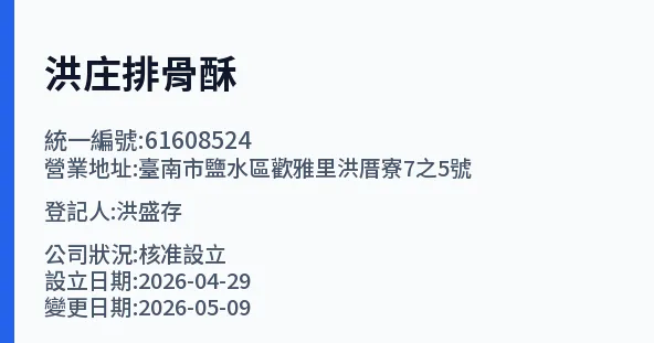 洪庄排骨酥的照片-統編 61608524(臺南市) 公司登記資料與營業項目詳細圖表