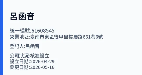 呂函音的照片-統編 61608545(臺南市) 公司登記資料與營業項目詳細圖表