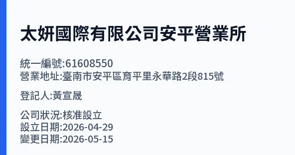 太妍國際有限公司安平營業所的照片-統編 61608550(臺南市) 公司登記資料與營業項目詳細圖表