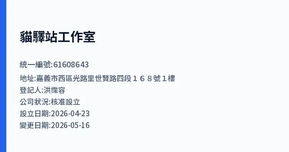 貓驛站工作室的照片-統編 61608643(嘉義市) 公司登記資料與營業項目詳細圖表