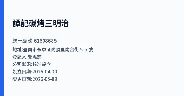 譚記碳烤三明治的照片-統編 61608685(臺南市) 公司登記資料與營業項目詳細圖表