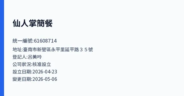 仙人掌簡餐的照片-統編 61608714(臺南市) 公司登記資料與營業項目詳細圖表