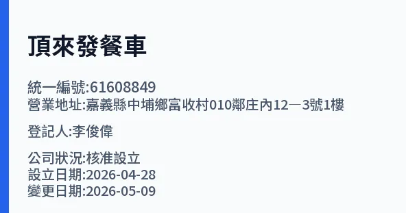 頂來發餐車的照片-統編 61608849(嘉義縣) 公司登記資料與營業項目詳細圖表