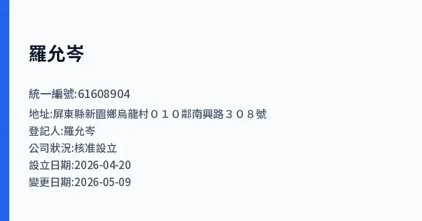 羅允岑的照片-統編 61608904(屏東縣) 公司登記資料與營業項目詳細圖表