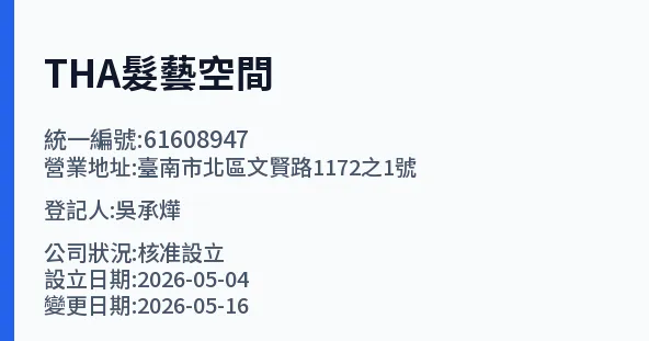 THA髮藝空間的照片-統編 61608947(臺南市) 公司登記資料與營業項目詳細圖表