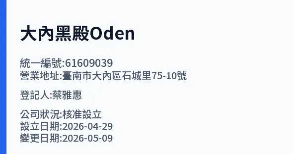 大內黑殿Oden的照片-統編 61609039(臺南市) 公司登記資料與營業項目詳細圖表