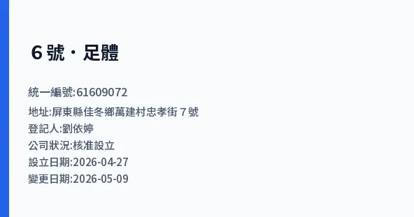 6號.足體的照片-統編 61609072(屏東縣) 公司登記資料與營業項目詳細圖表