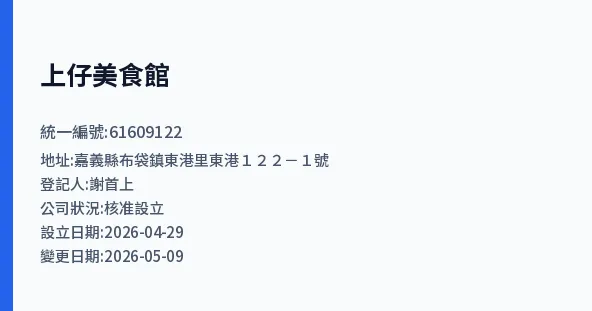 上仔美食館的照片-統編 61609122(嘉義縣) 公司登記資料與營業項目詳細圖表