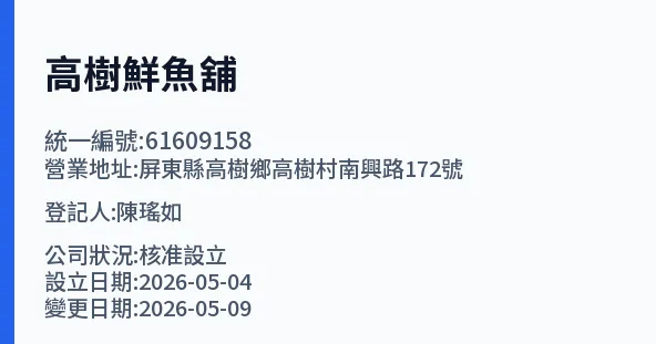 高樹鮮魚舖的照片-統編 61609158(屏東縣) 公司登記資料與營業項目詳細圖表
