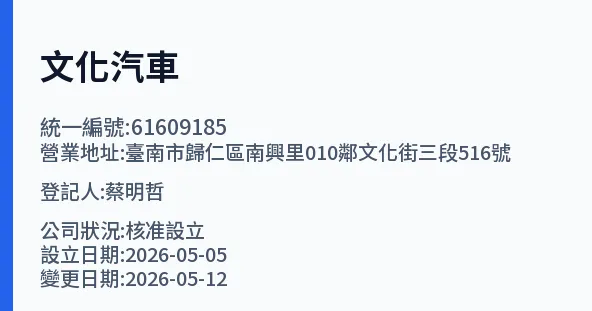 文化汽車的照片-統編 61609185(臺南市) 公司登記資料與營業項目詳細圖表