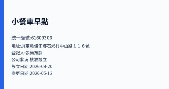小餐車早點的照片-統編 61609306(屏東縣) 公司登記資料與營業項目詳細圖表
