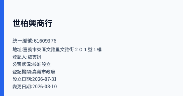 世柏興商行的照片-統編 61609376(嘉義市) 公司登記資料與營業項目詳細圖表