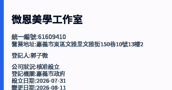 微恩美學工作室的照片-統編 61609410(嘉義市) 公司登記資料與營業項目詳細圖表