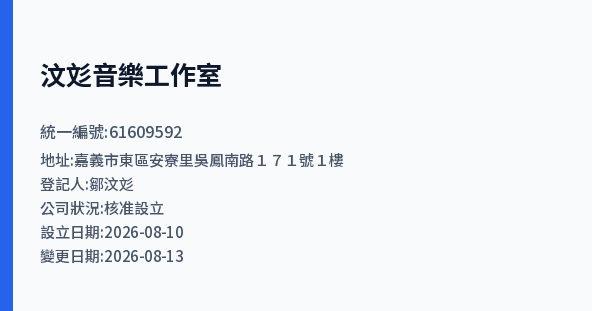 汶彣音樂工作室的照片-統編 61609592(嘉義市) 公司登記資料與營業項目詳細圖表
