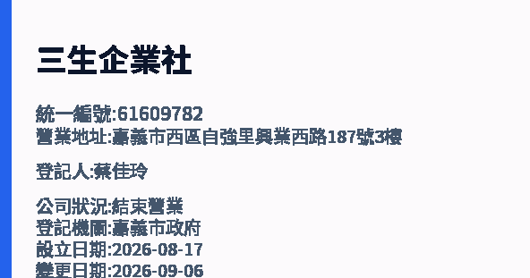 三生企業社的照片-統編 61609782(嘉義市) 公司登記資料與營業項目詳細圖表