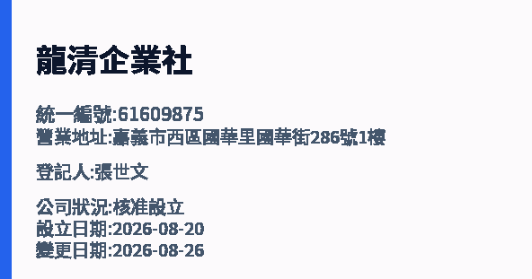 龍清企業社的照片-統編 61609875(嘉義市) 公司登記資料與營業項目詳細圖表