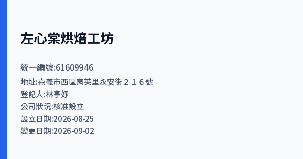左心棠烘焙工坊的照片-統編 61609946(嘉義市) 公司登記資料與營業項目詳細圖表