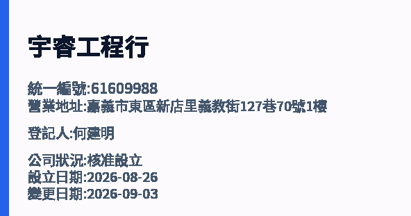 宇睿工程行的照片-統編 61609988(嘉義市) 公司登記資料與營業項目詳細圖表
