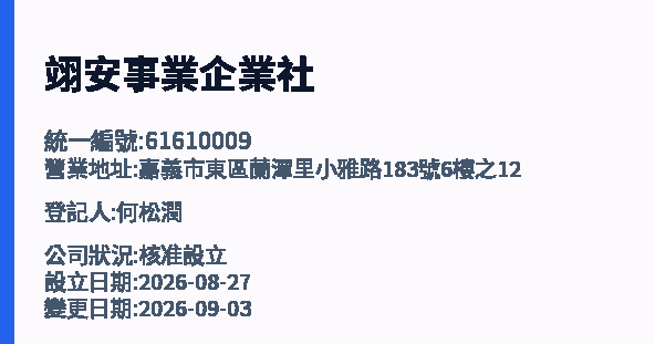 翊安事業企業社的照片-統編 61610009(嘉義市) 公司登記資料與營業項目詳細圖表
