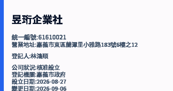 昱珩企業社的照片-統編 61610021(嘉義市) 公司登記資料與營業項目詳細圖表