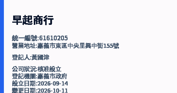 早起商行的照片-統編 61610205(嘉義市) 公司登記資料與營業項目詳細圖表