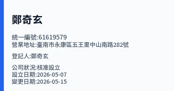 鄭奇玄的照片-統編 61619579(臺南市) 公司登記資料與營業項目詳細圖表