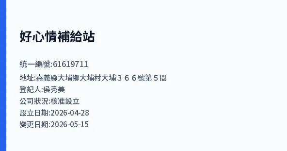 好心情補給站的照片-統編 61619711(嘉義縣) 公司登記資料與營業項目詳細圖表