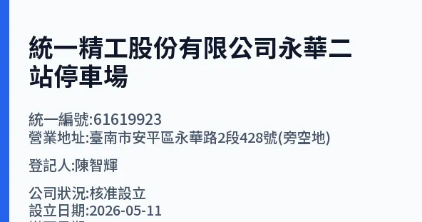 統一精工股份有限公司永華二站停車場的照片-統編 61619923(臺南市) 公司登記資料與營業項目詳細圖表