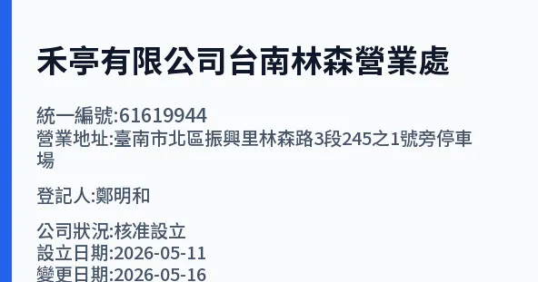 禾亭有限公司台南林森營業處的照片-統編 61619944(臺南市) 公司登記資料與營業項目詳細圖表
