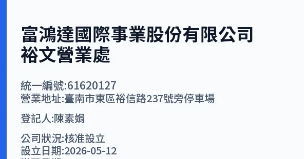 富鴻達國際事業股份有限公司裕文營業處的照片-統編 61620127(臺南市) 公司登記資料與營業項目詳細圖表