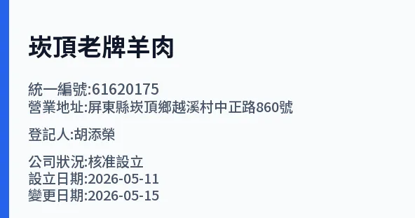 崁頂老牌羊肉的照片-統編 61620175(屏東縣) 公司登記資料與營業項目詳細圖表