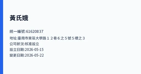 黃氏娥的照片-統編 61620837(臺南市) 公司登記資料與營業項目詳細圖表