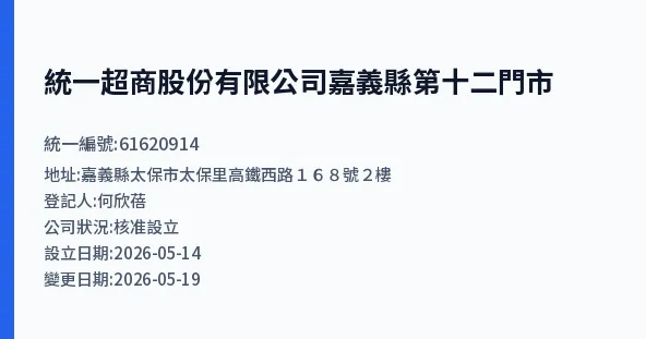 統一超商股份有限公司嘉義縣第十二門市的照片-統編 61620914(嘉義縣) 公司登記資料與營業項目詳細圖表