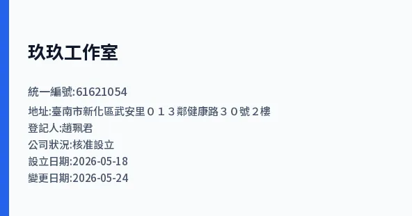 玖玖工作室的照片-統編 61621054(臺南市) 公司登記資料與營業項目詳細圖表