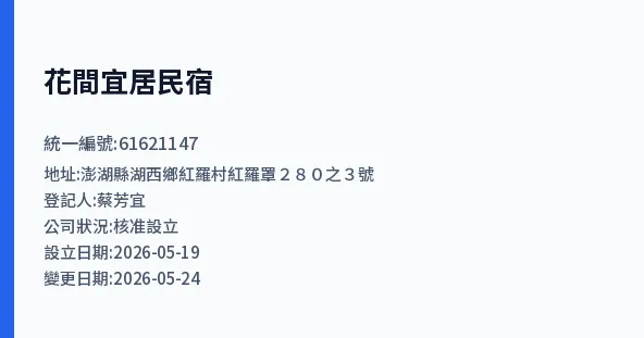 花間宜居民宿的照片-統編 61621147(澎湖縣) 公司登記資料與營業項目詳細圖表