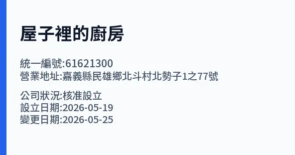 屋子裡的廚房的照片-統編 61621300(嘉義縣) 公司登記資料與營業項目詳細圖表