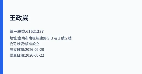 王政崴的照片-統編 61621337(臺南市) 公司登記資料與營業項目詳細圖表