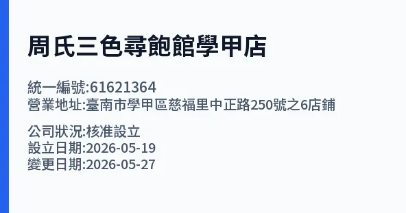 周氏三色尋飽館學甲店的照片-統編 61621364(臺南市) 公司登記資料與營業項目詳細圖表