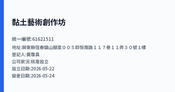 黏土藝術創作坊的照片-統編 61621511(屏東縣) 公司登記資料與營業項目詳細圖表
