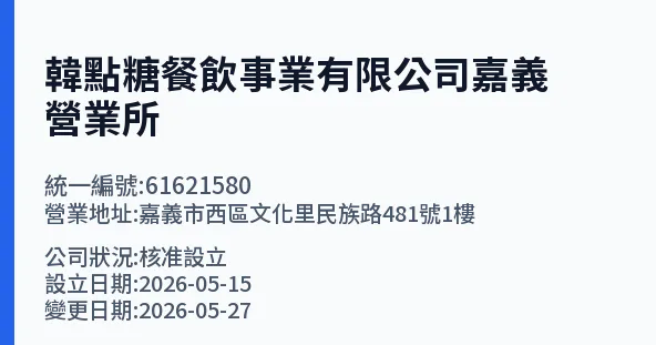 韓點糖餐飲事業有限公司嘉義營業所的照片-統編 61621580(嘉義市) 公司登記資料與營業項目詳細圖表