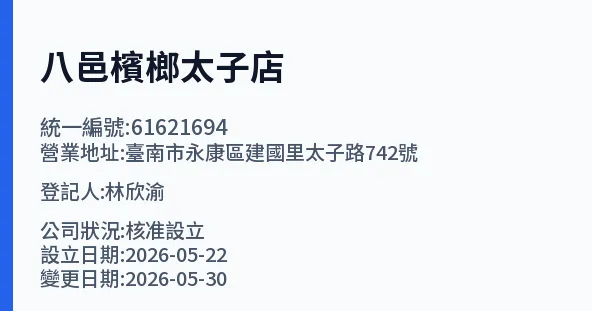 八邑檳榔太子店的照片-統編 61621694(臺南市) 公司登記資料與營業項目詳細圖表