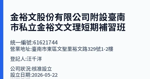 金裕文股份有限公司附設臺南市私立金裕文文理短期補習班的照片-統編 61621744(臺南市) 公司登記資料與營業項目詳細圖表