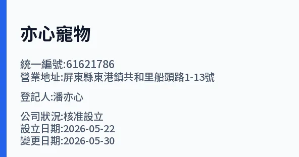 亦心寵物的照片-統編 61621786(屏東縣) 公司登記資料與營業項目詳細圖表
