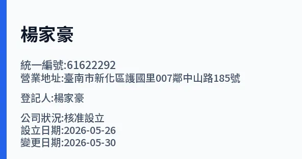 楊家豪的照片-統編 61622292(臺南市) 公司登記資料與營業項目詳細圖表
