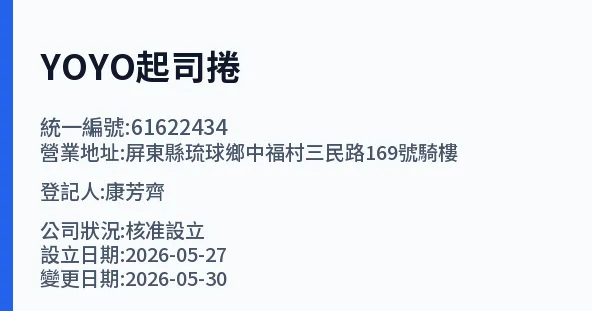YOYO起司捲的照片-統編 61622434(屏東縣) 公司登記資料與營業項目詳細圖表